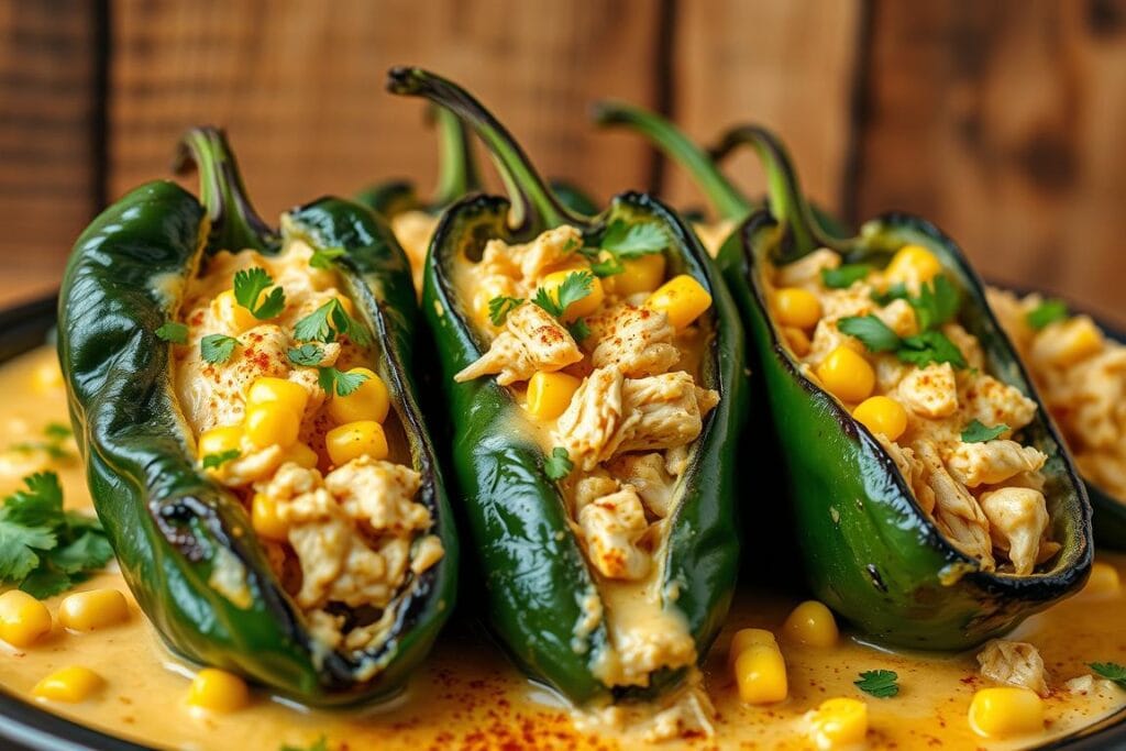 Creamy Cheesy Chicken and Corn Stuffed Poblano Peppers